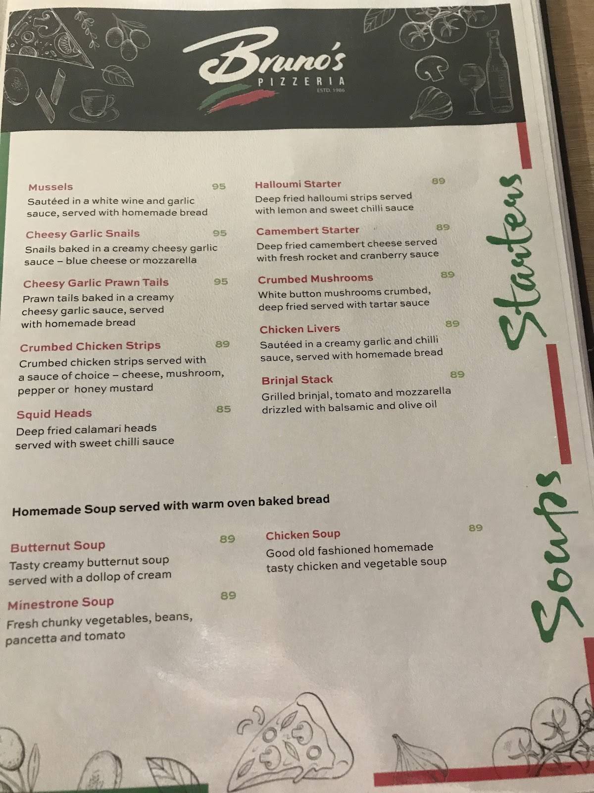 Menu at Bruno's Pizzeria, Johannesburg South