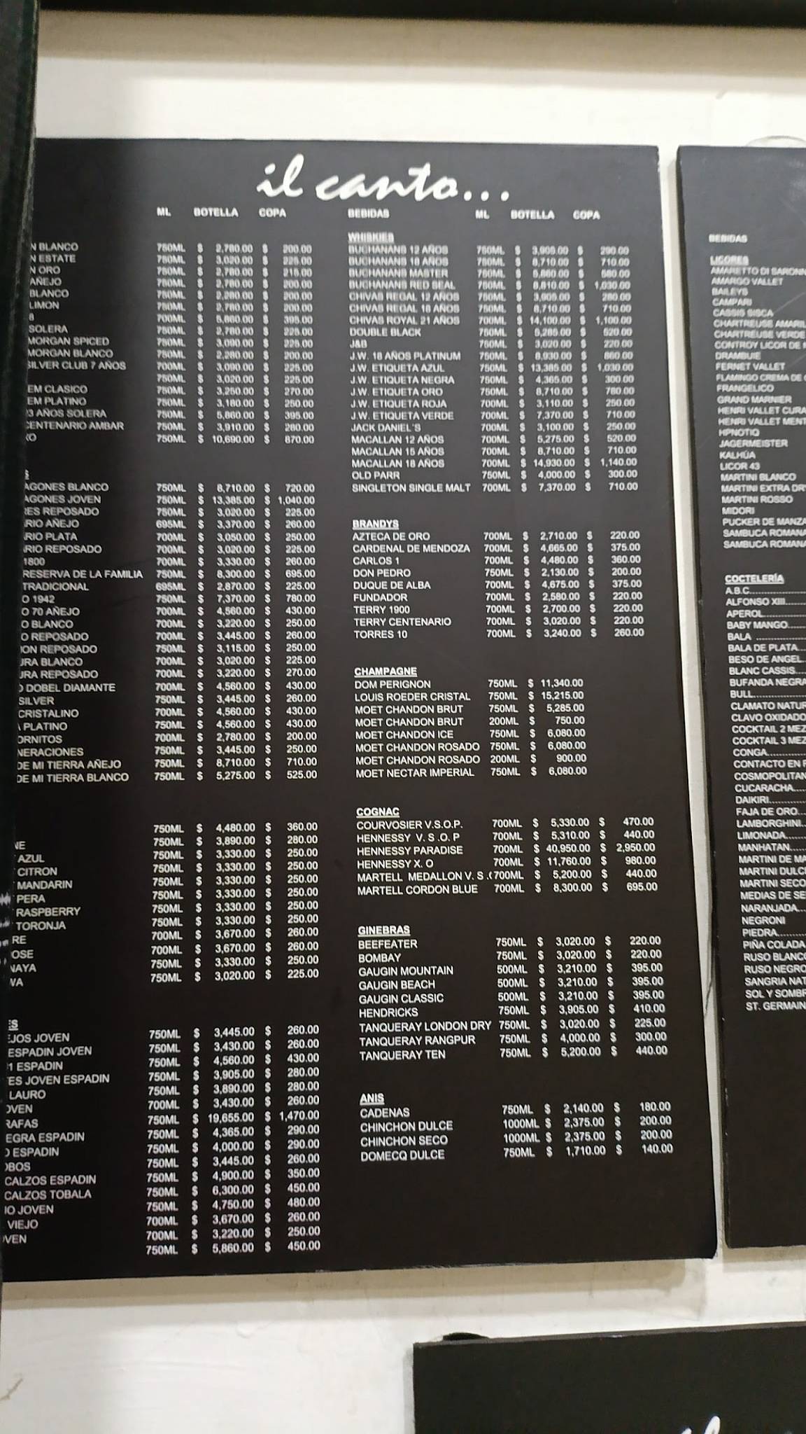Menu at Il Canto pub & bar, Ciudad López Mateos, Campos Elíseos 247
