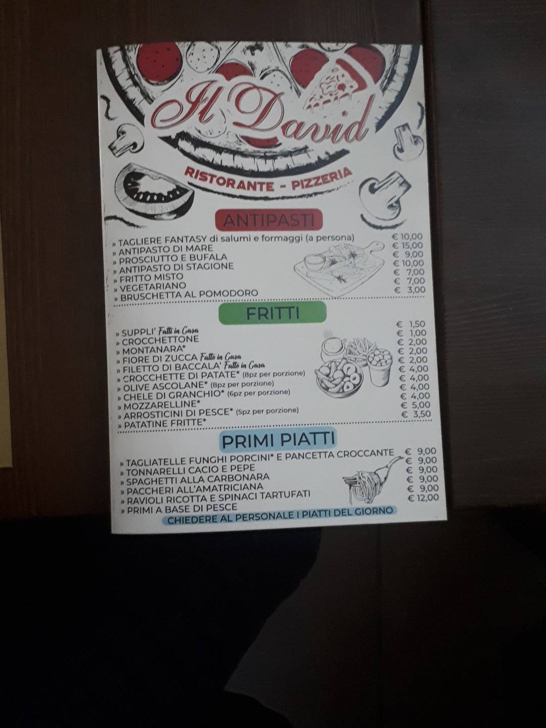 Menu da Il David Srl pizzeria, Ariccia, Via Nettunense