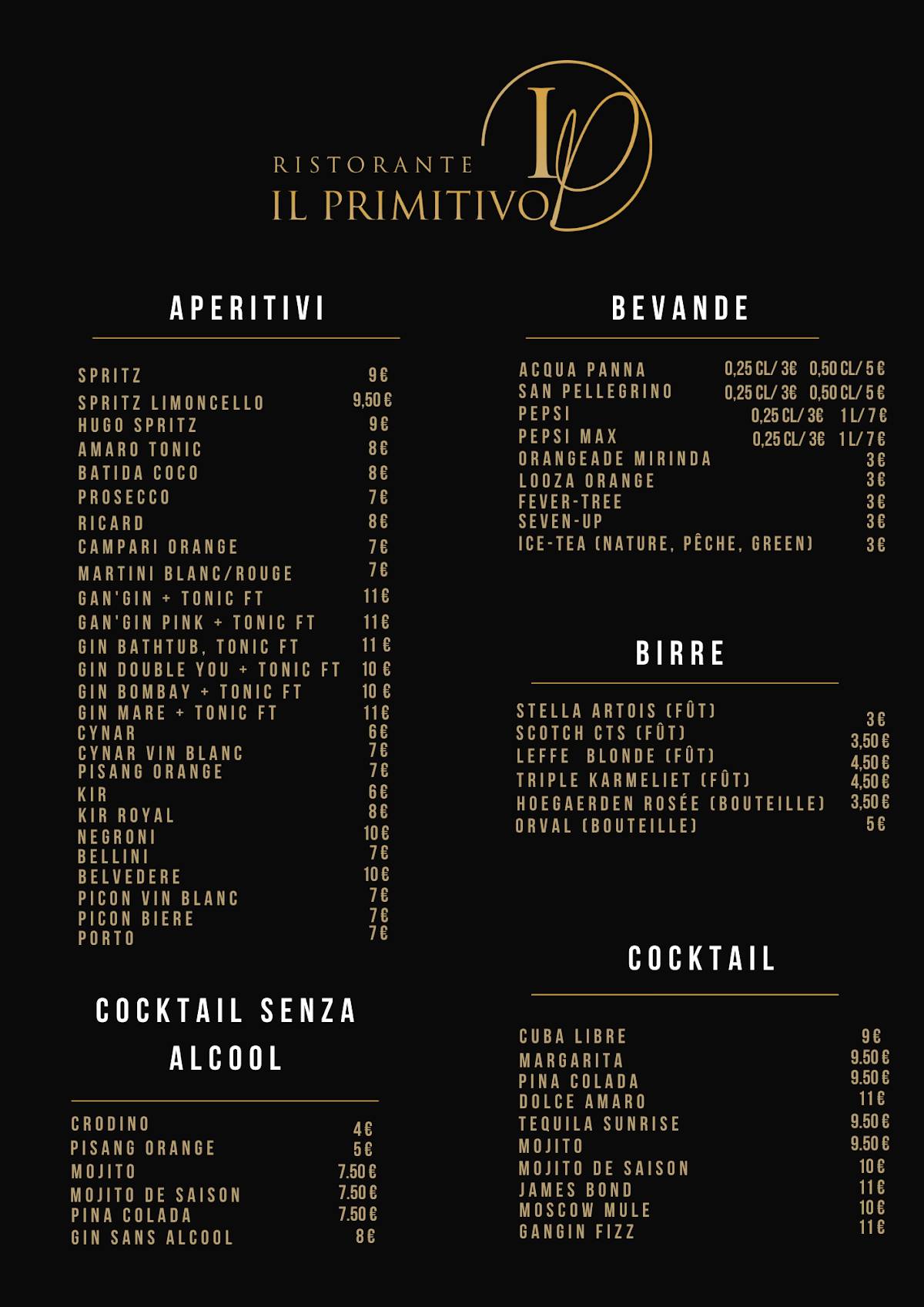 Menu au Il Primitivo Ristorante, Morlanwelz
