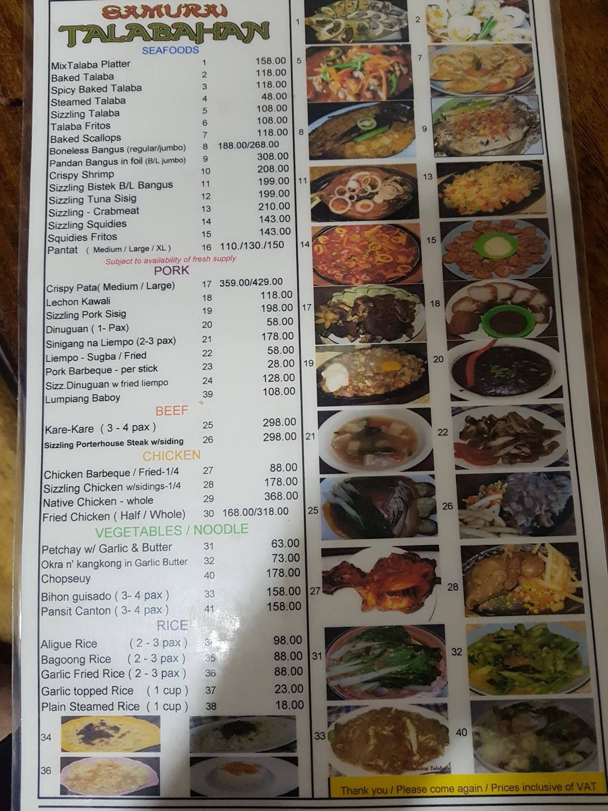 Menu at Samurai Talabahan restaurant, Iloilo City