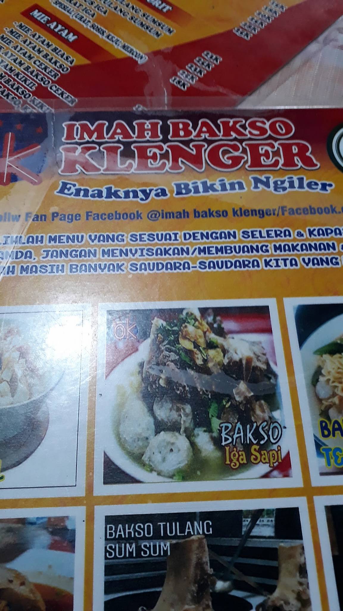 Menu at Imah Bakso KLENGER restaurant, Pelabuhanratu