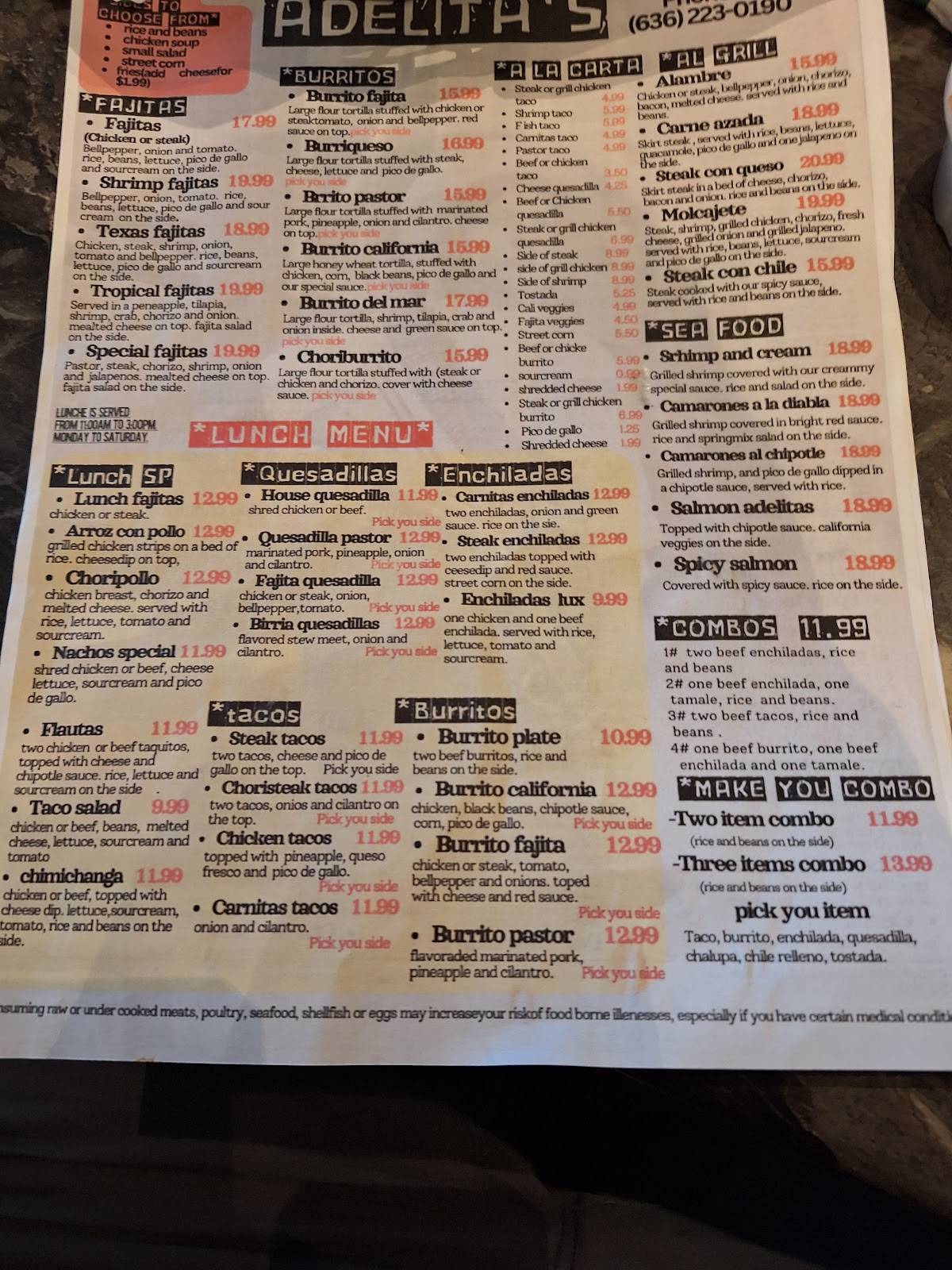 Menu at Adelita's Mexican Cuisine restaurant, Imperial