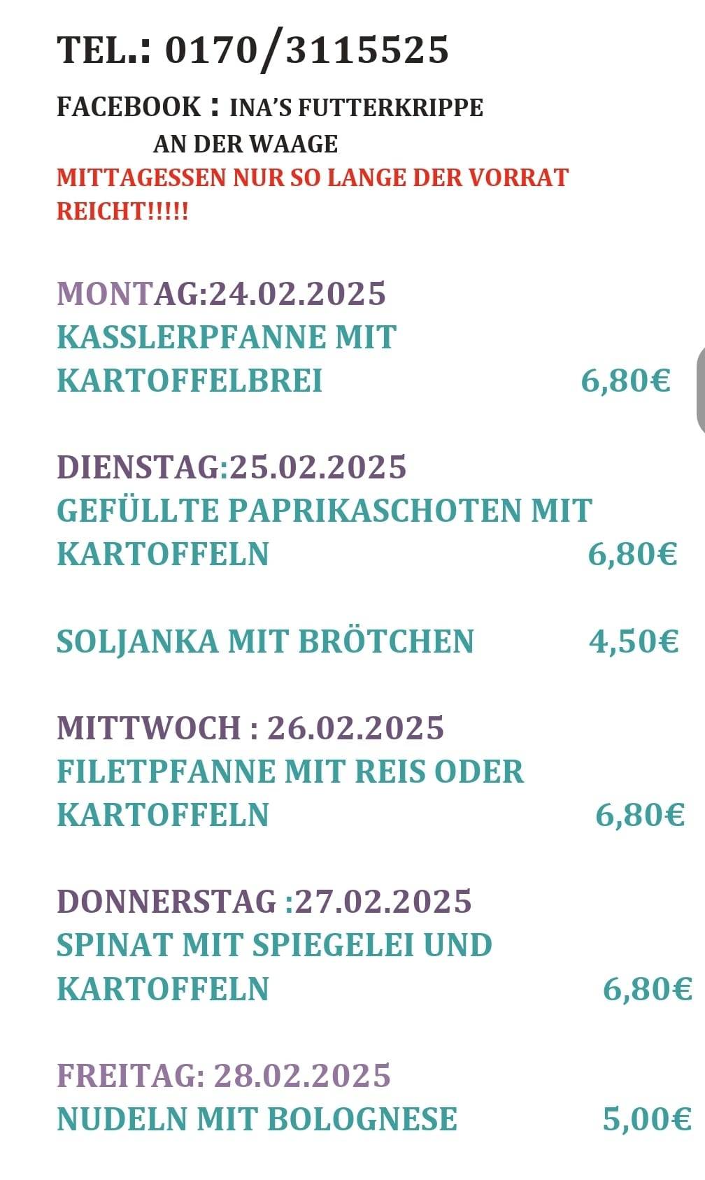 Speisekarte von Ina's Futterkrippe an Waage restaurant, Rangsdorf