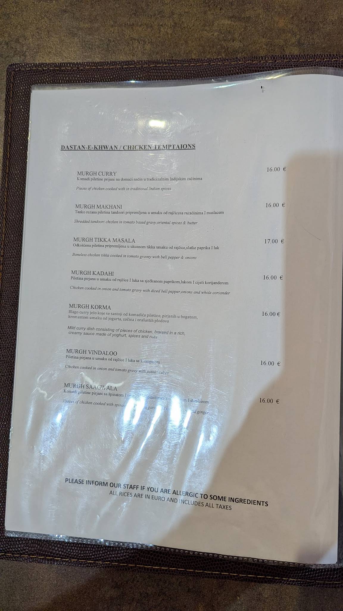 Menu at Incredible India Dubrovnik restaurant, Dubrovnik