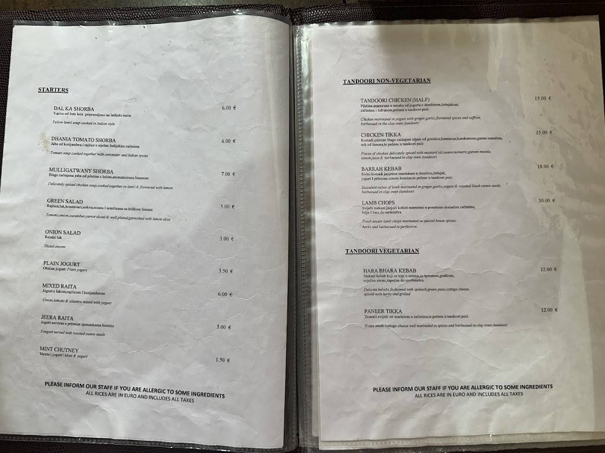 Menu at Incredible India Dubrovnik restaurant, Dubrovnik