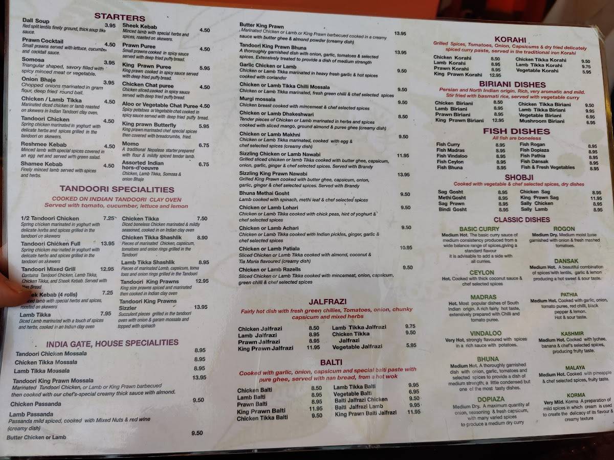 Menu at India Gate restaurant, Beccles