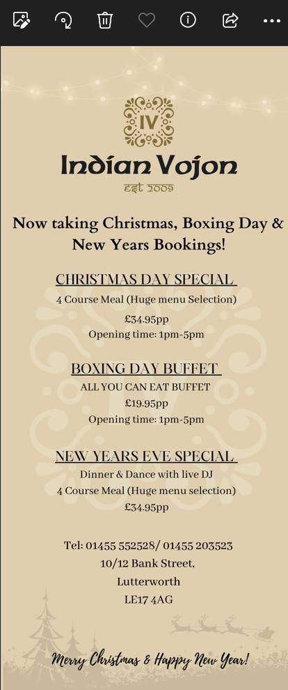 Menu at Indian Vojon restaurant, Lutterworth