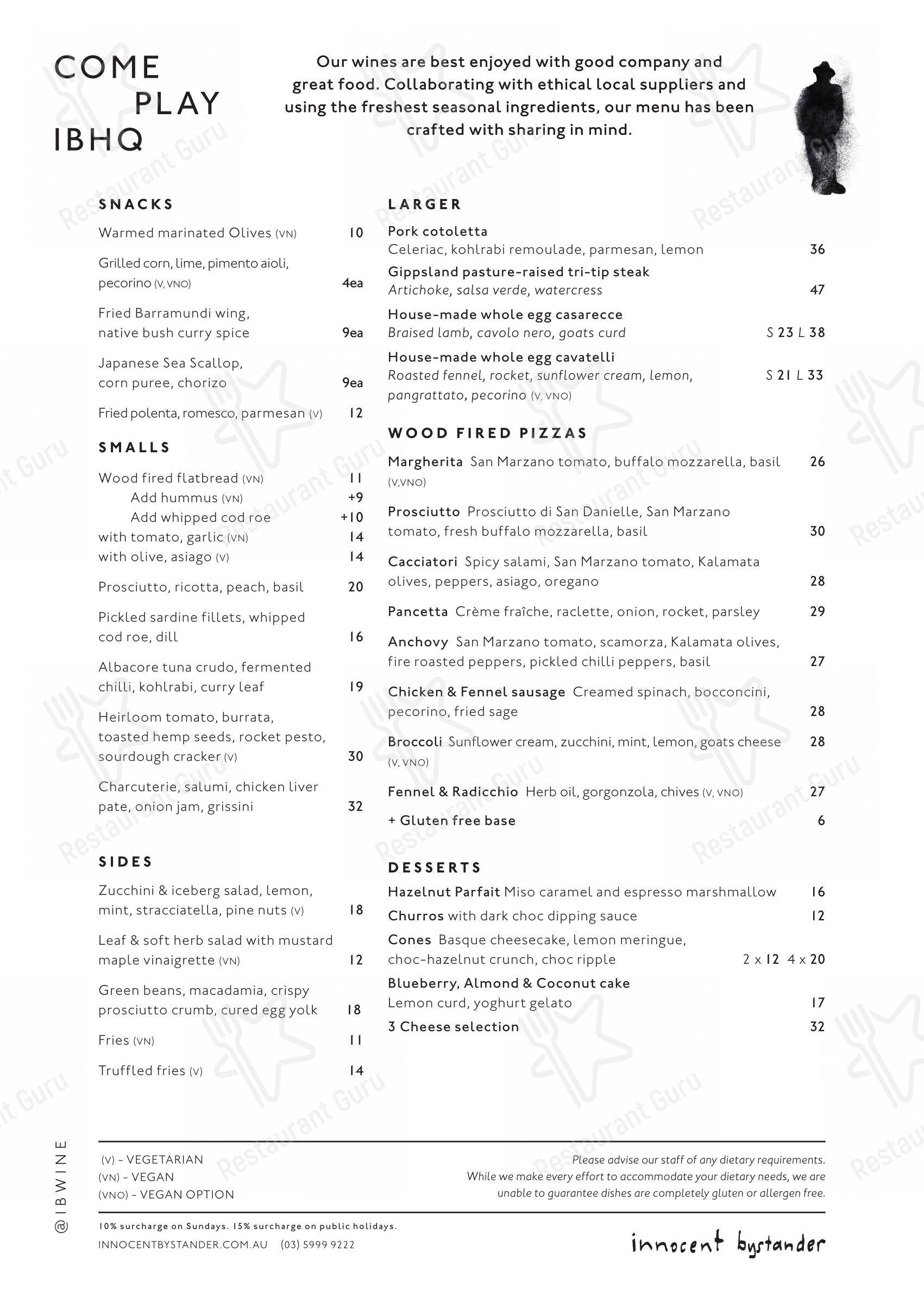 Menu at Innocent Bystander pub & bar, Healesville, 316-334 Maroondah Hwy