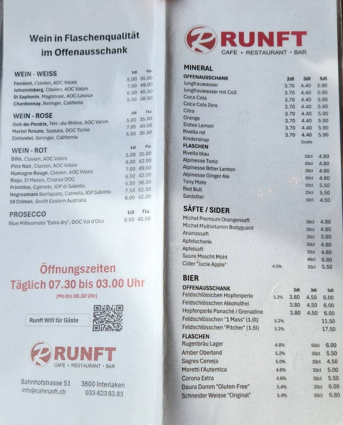 Speisekarte von RUNFT, Interlaken