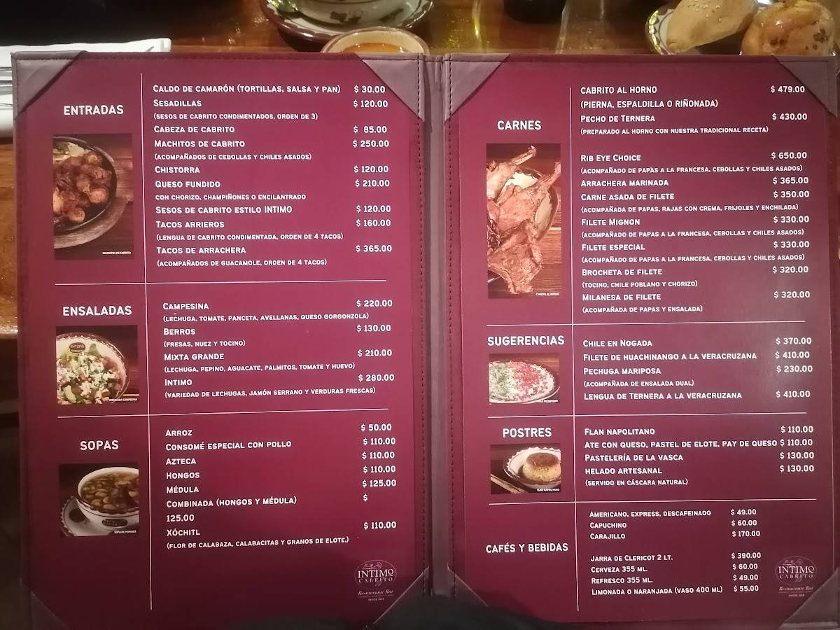 Carta del restaurante Intimo Cabrito, Ocoyoacac