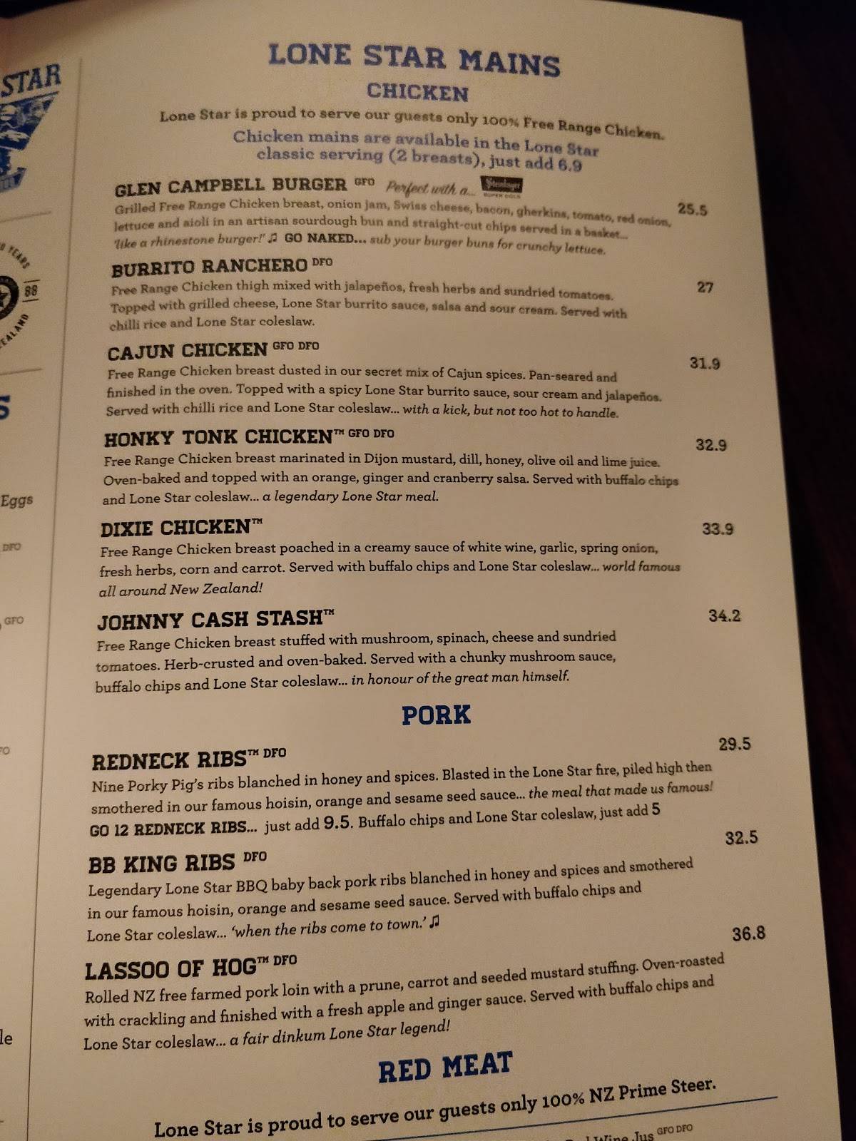 Menu at Lone Star Invercargill restaurant, Invercargill