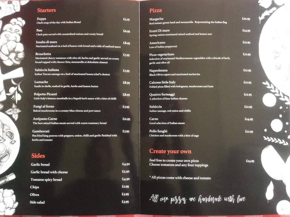 Menu at Little Italy restaurant, Inverness