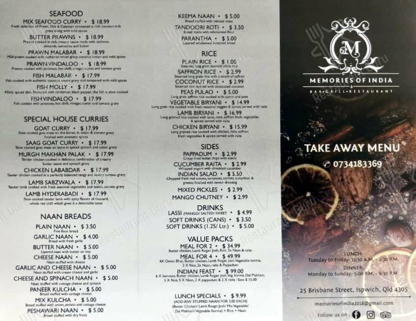 Menu at Memories of India restaurant, Ipswich