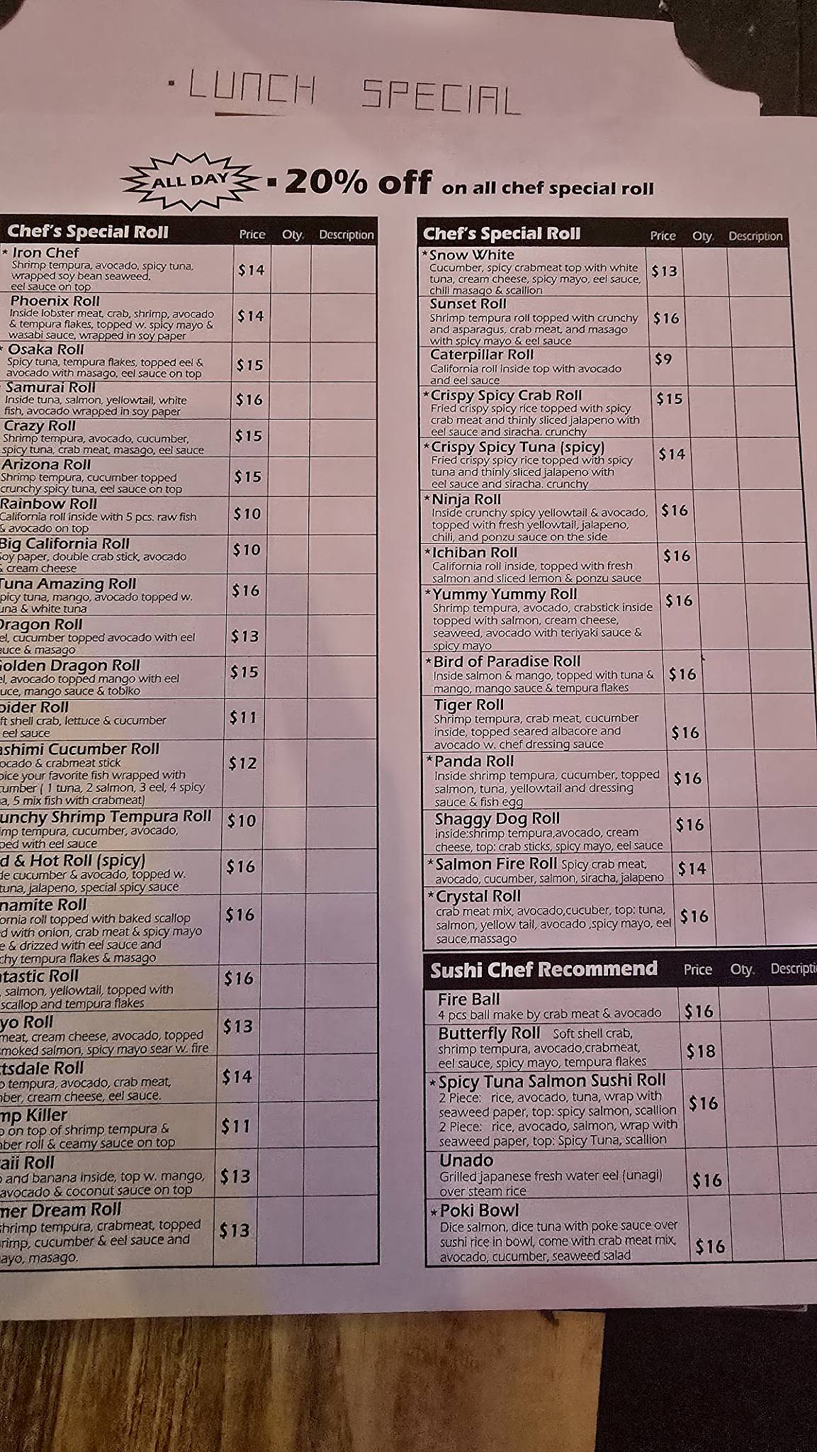 Menu at Iron Chef restaurant, Phoenix