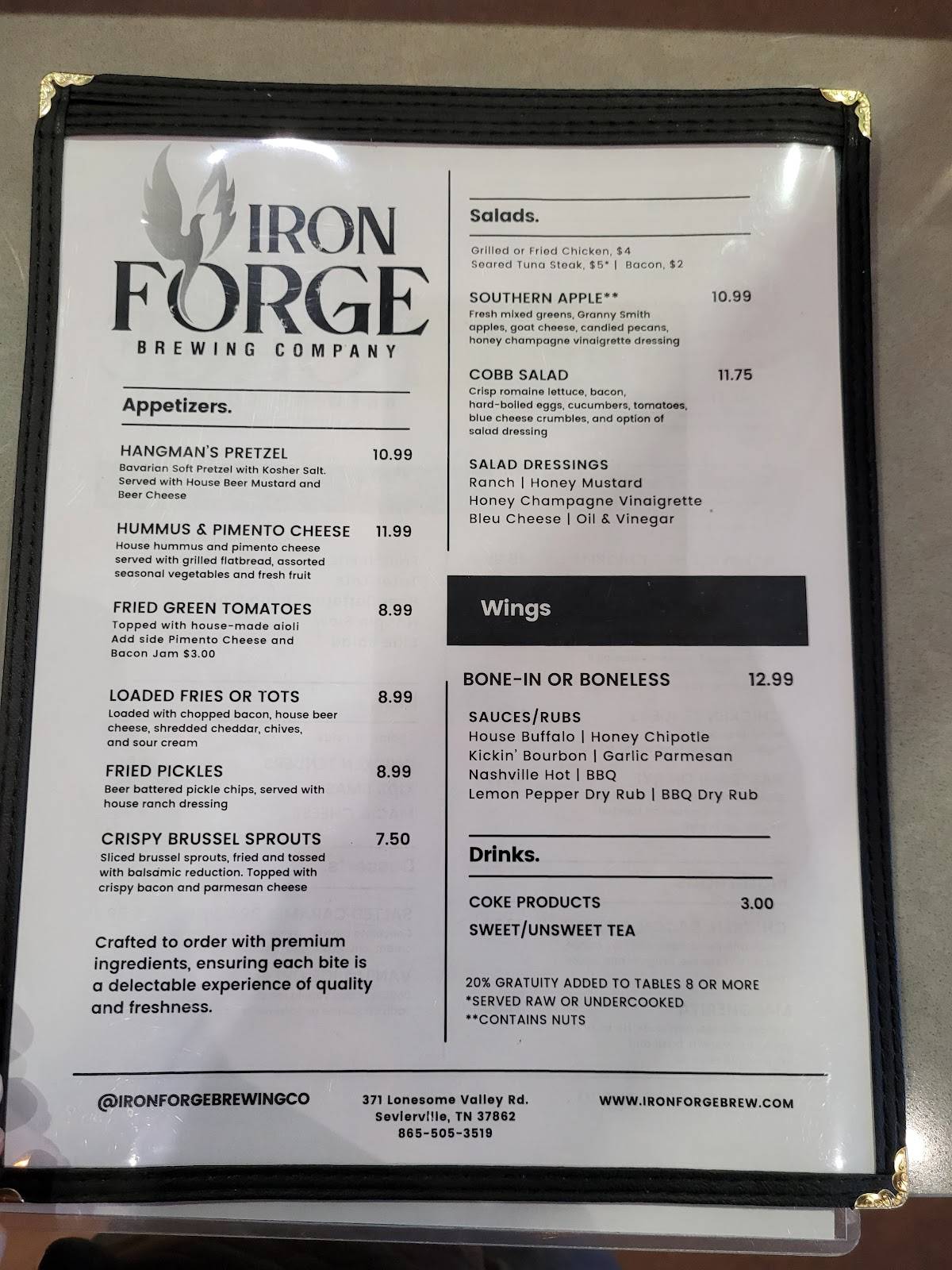 Menu at Iron Forge Brewing Co. pub & bar, Sevierville, 371 Lonesome ...