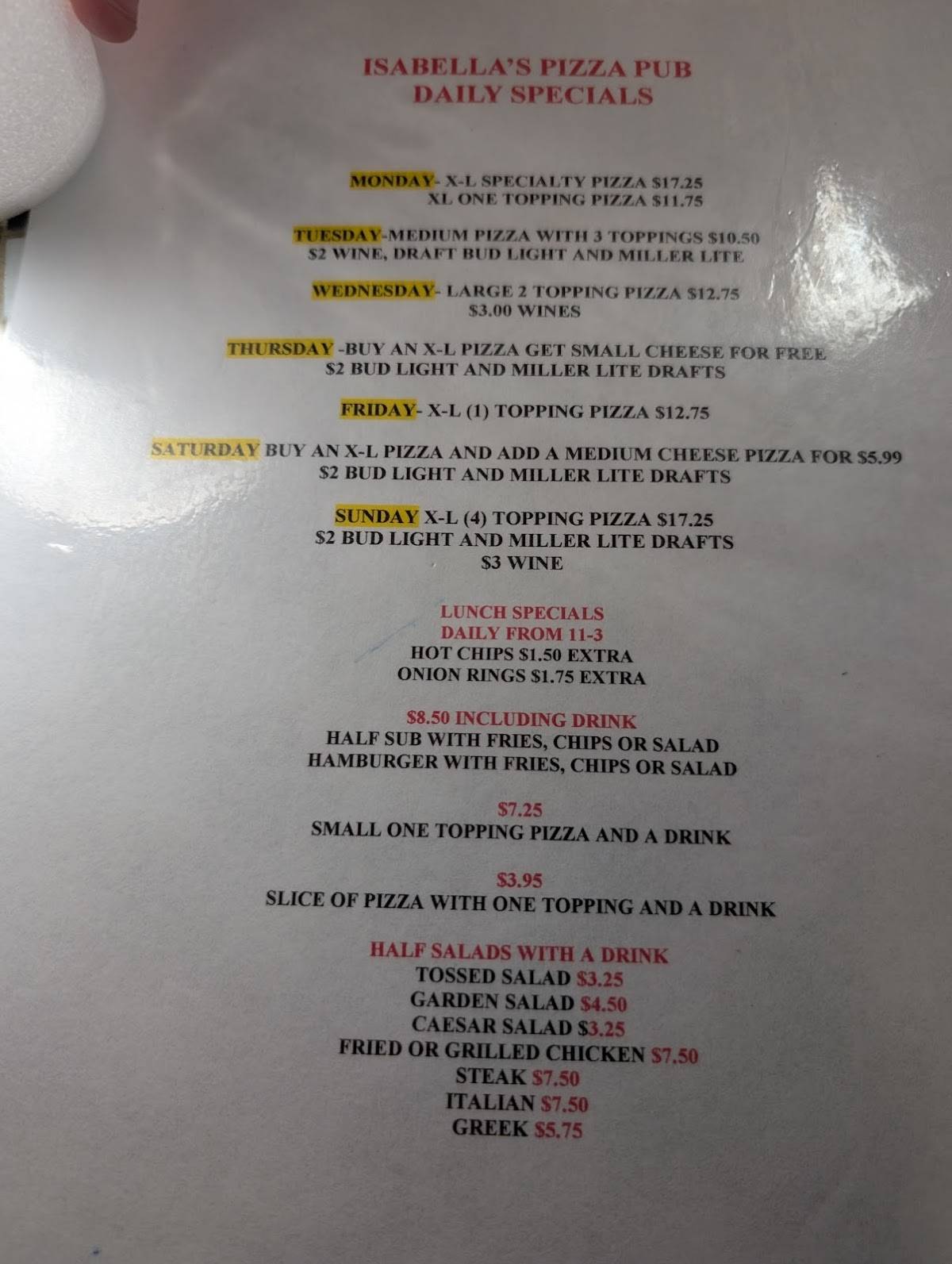 Menu at Isabella's Pizza Pub, Greensboro, A Liberty Rd