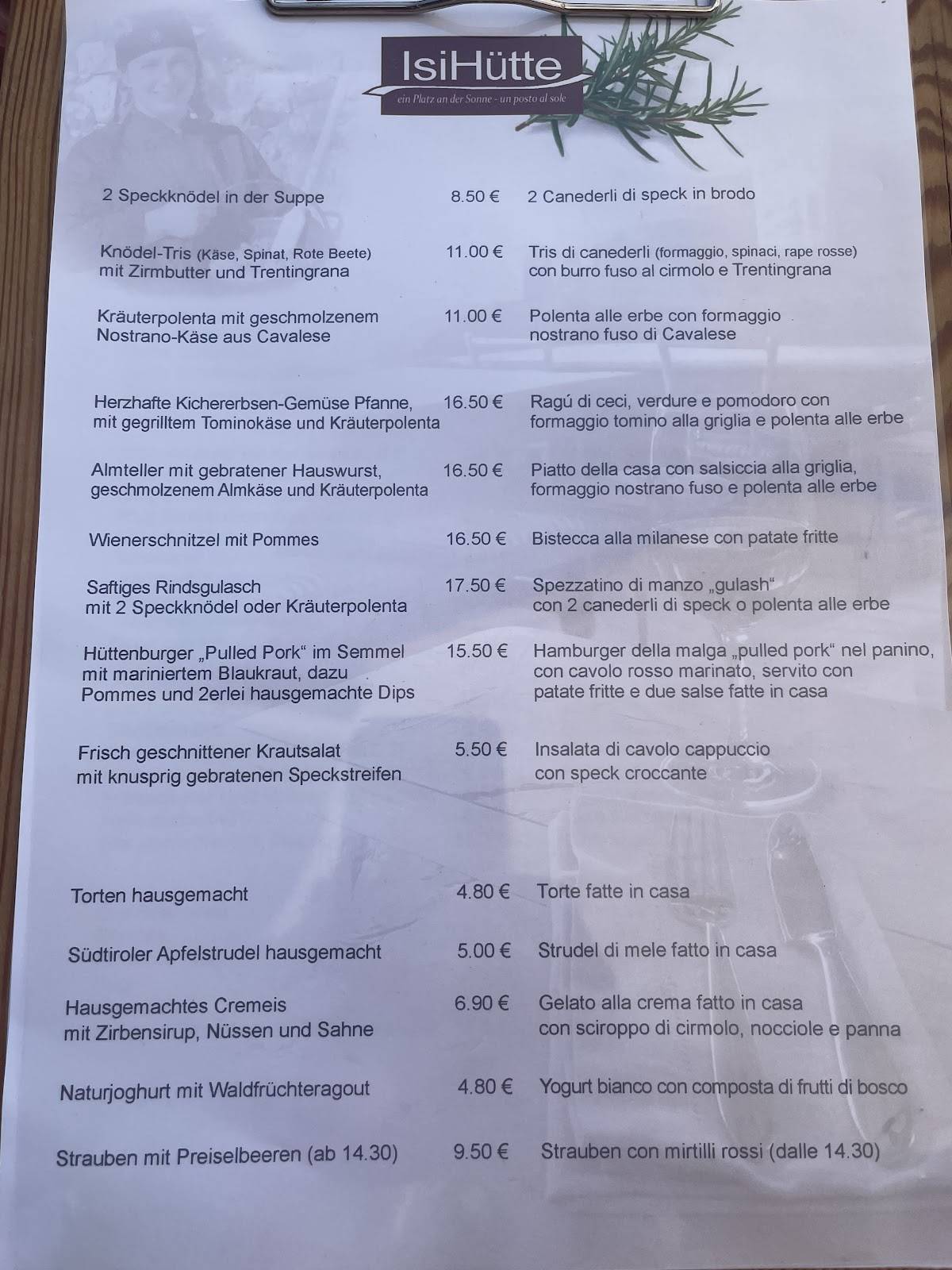 Speisekarte von Isi-Hütte AlmRestaurant, Redagno