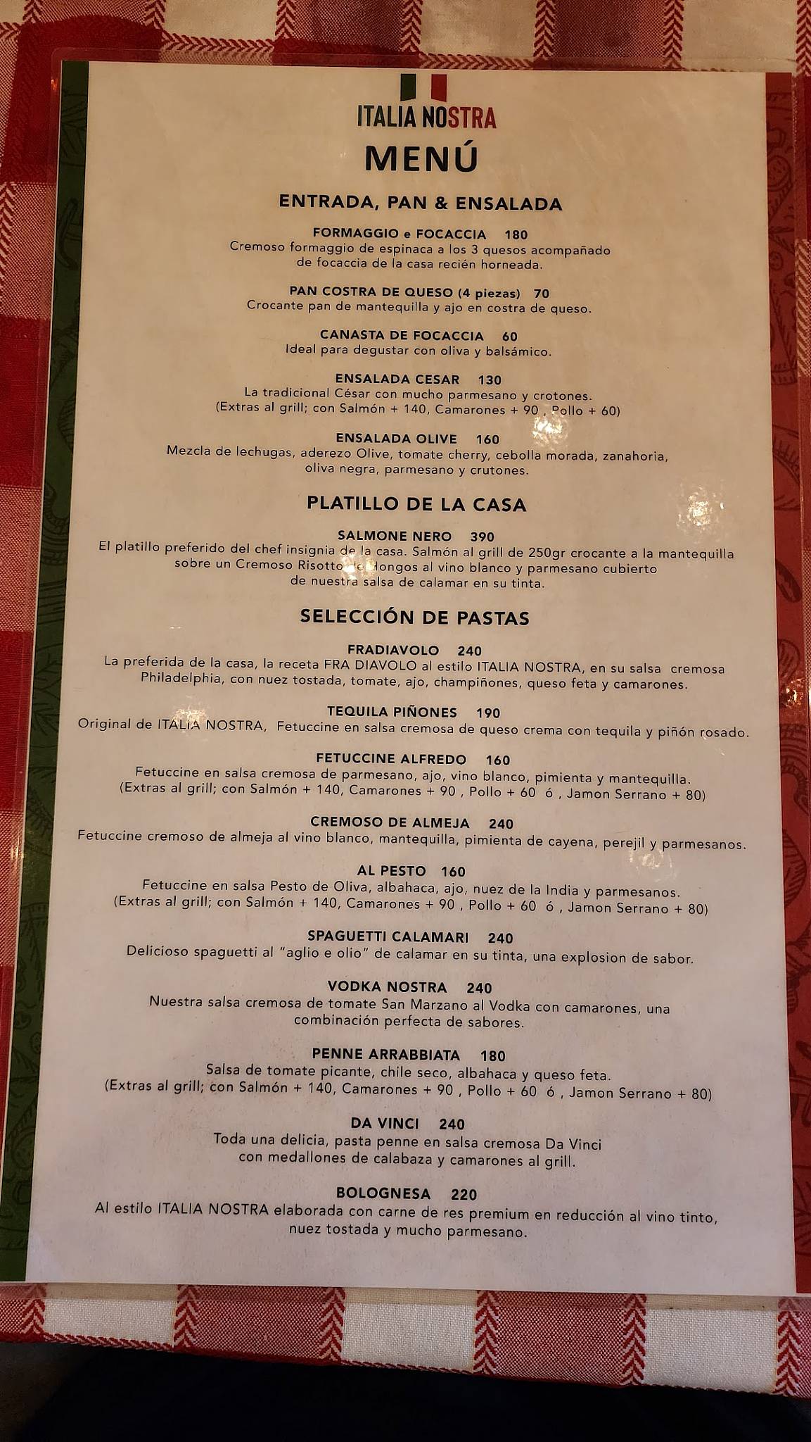 Carta del restaurante Italia Nostra, Saltillo