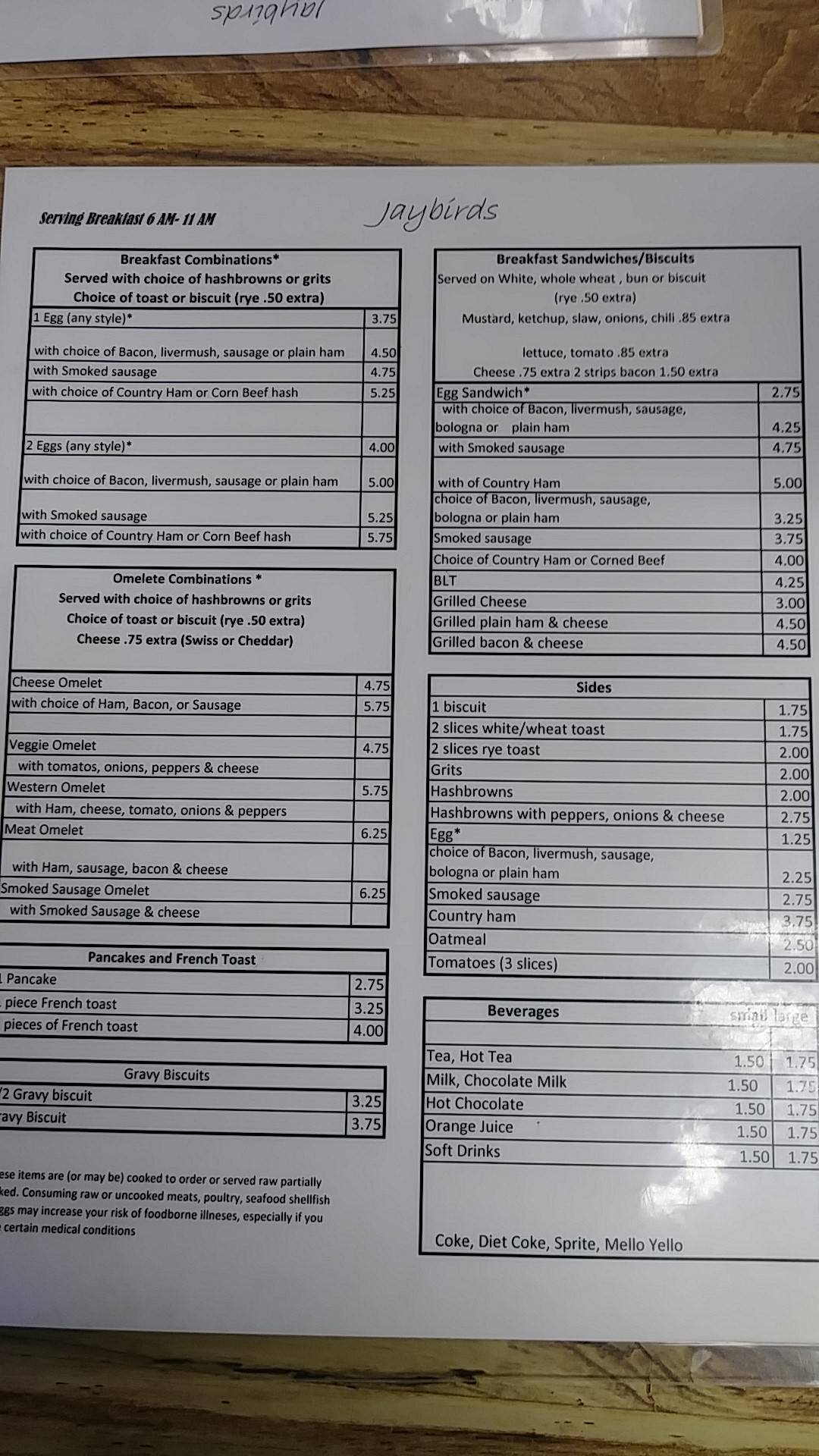 Menu at J-Birds restaurant, Mint Hill