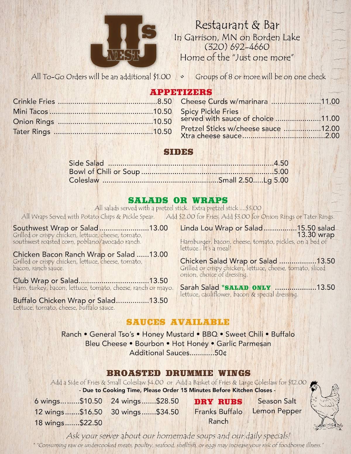 Menu at JJ’s Bird's Nest pub & bar, Garrison
