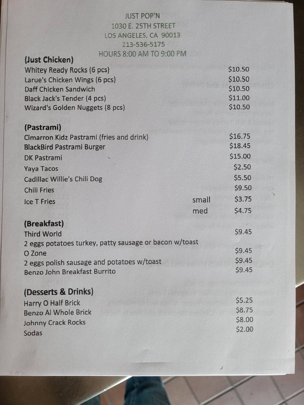 Menu at JUST POP'N burgers&wings restaurant, Los Angeles