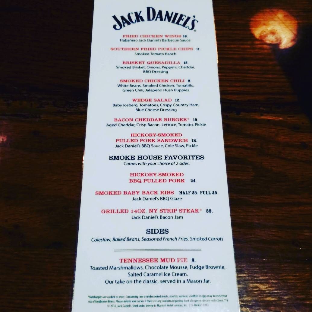 Menu at Jack Daniel's restaurant, Nashville, Opryland Dr