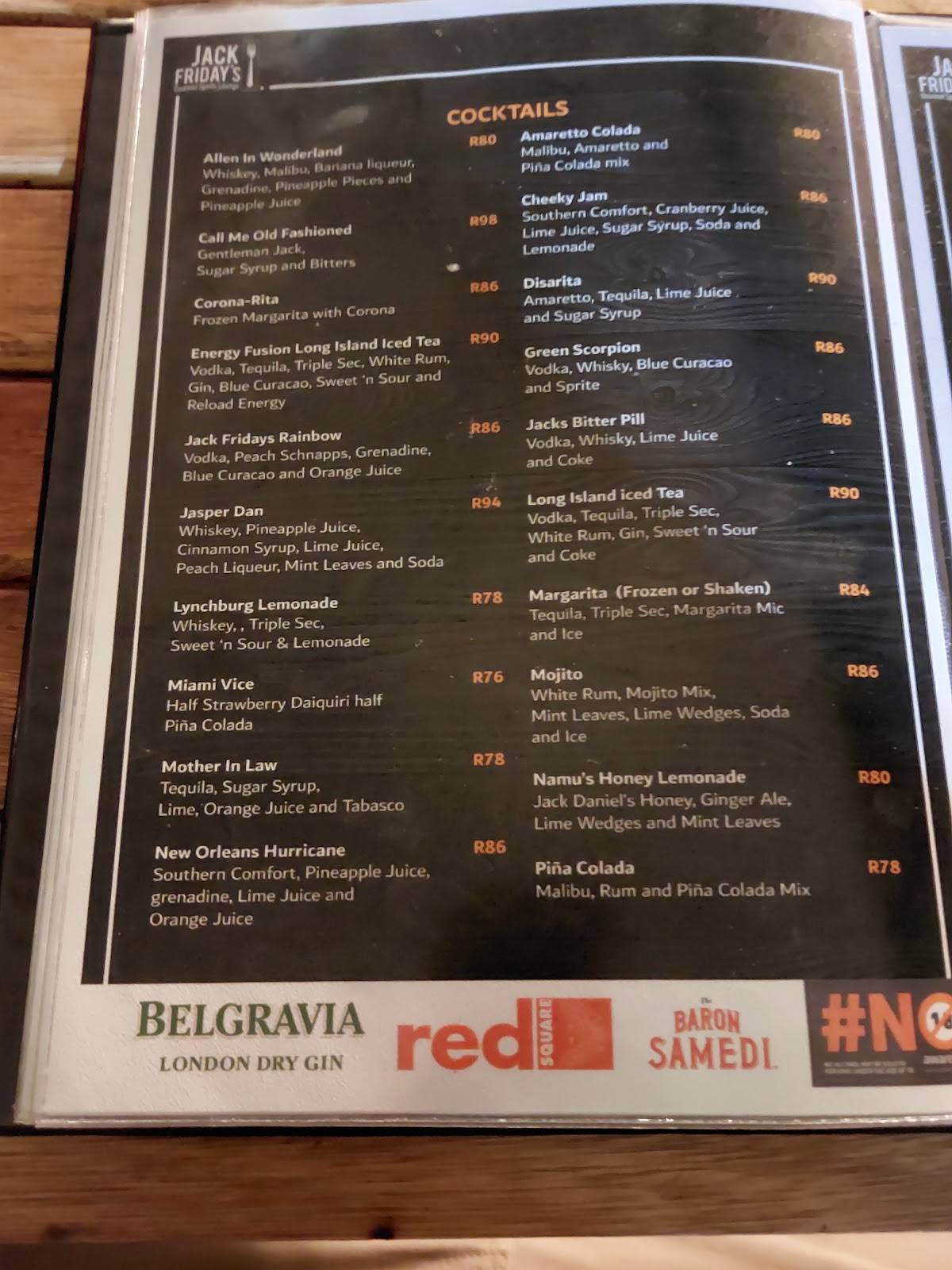Menu at Jack Friday's pub & bar, Pretoria