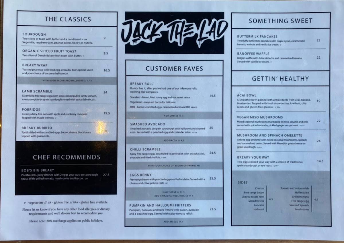 Menu at Jack The Lad cafe, Chelsea