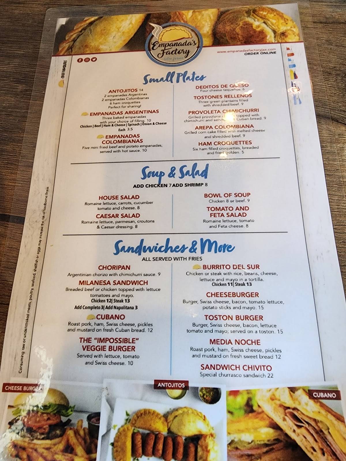Menu at Empanada’s Factory Latin Fusion restaurant, Jacksonville