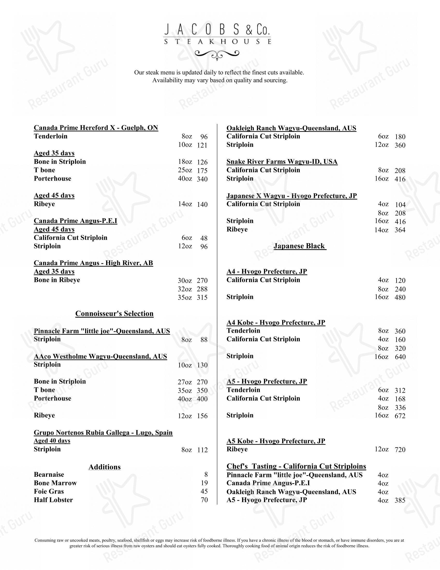 Menu at Jacobs & Co. Steakhouse, Toronto, 81 Bay St. 4th Floor