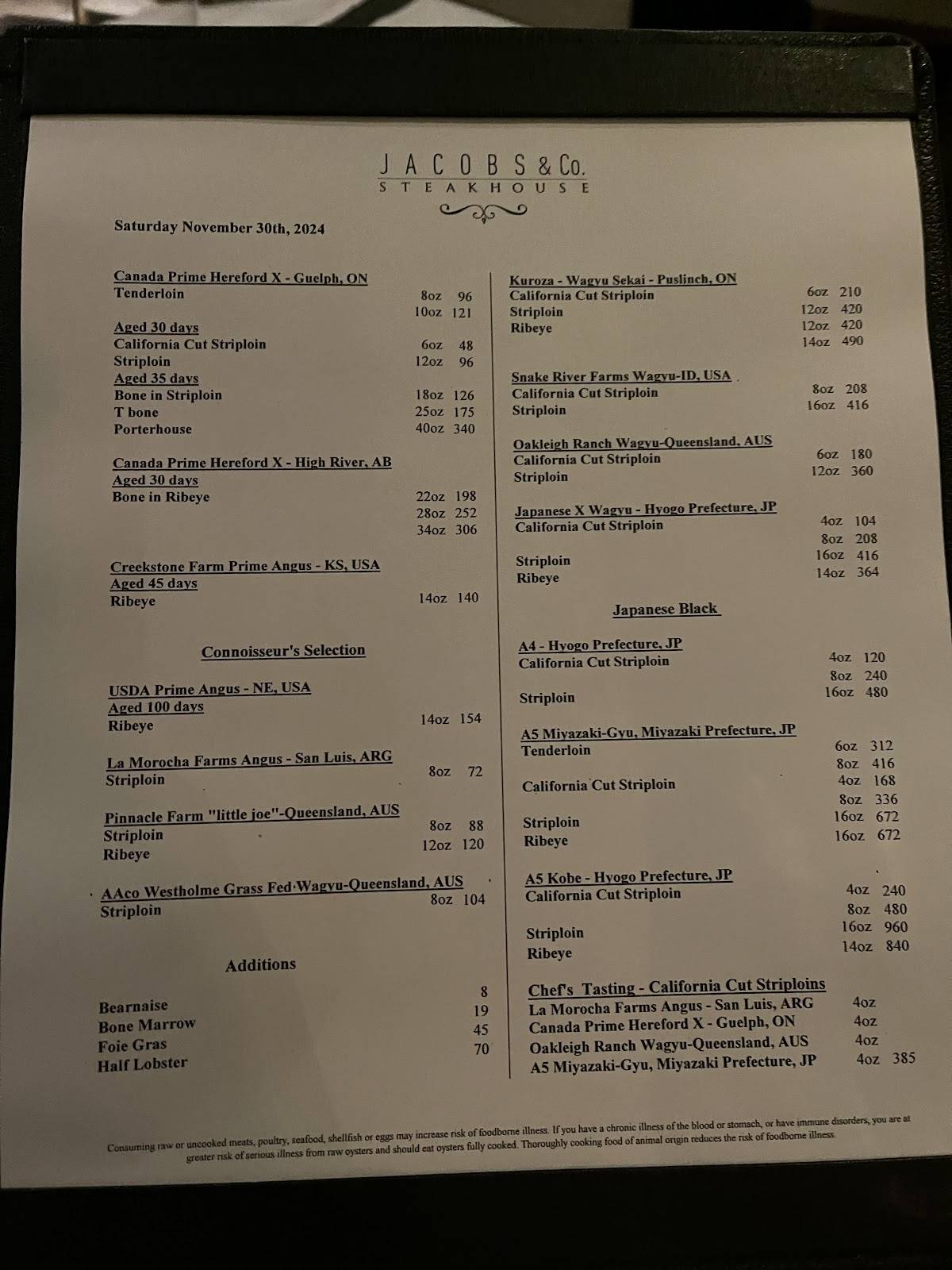 Menu at Jacobs & Co. Steakhouse, Toronto, 12 Brant St