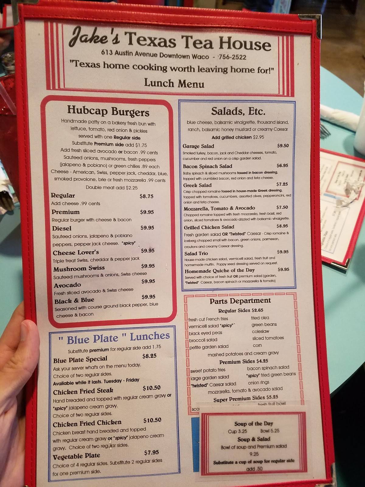 Menu at Jakes Texas Tea House restaurant, Waco