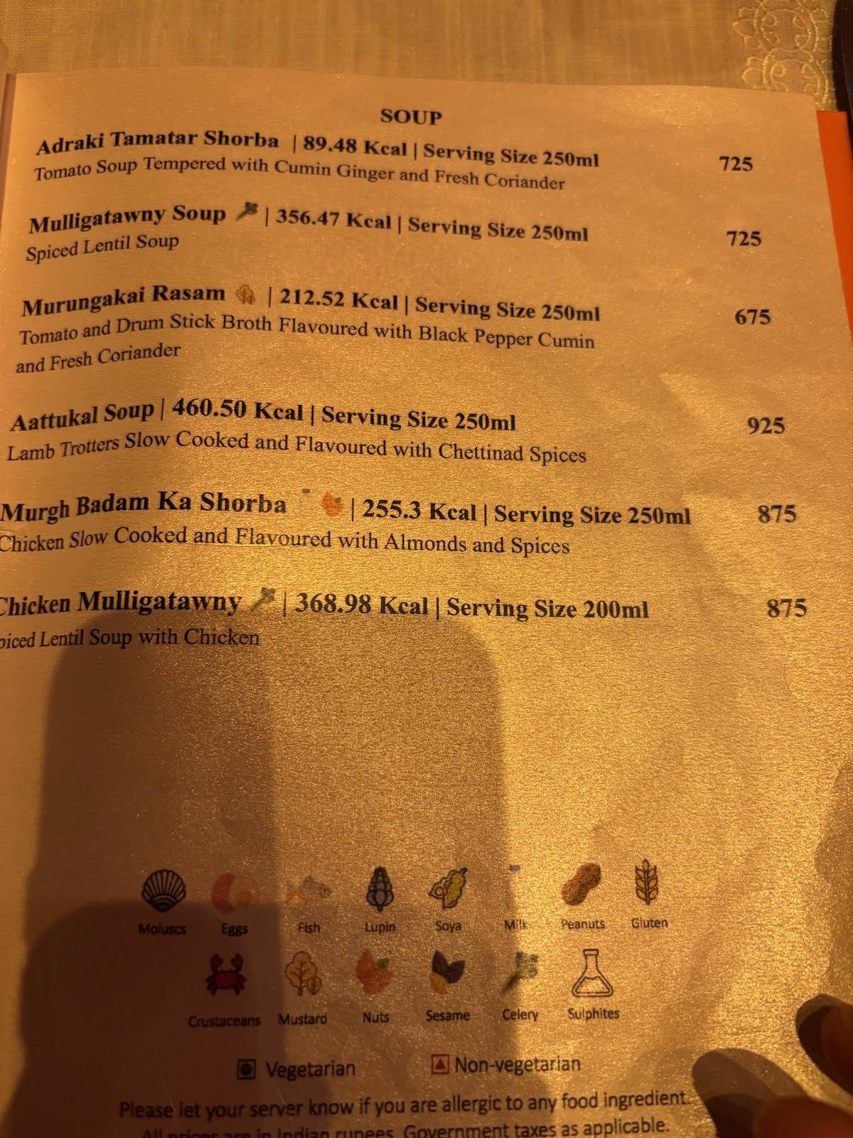 Menu at Jamavar, Chennai