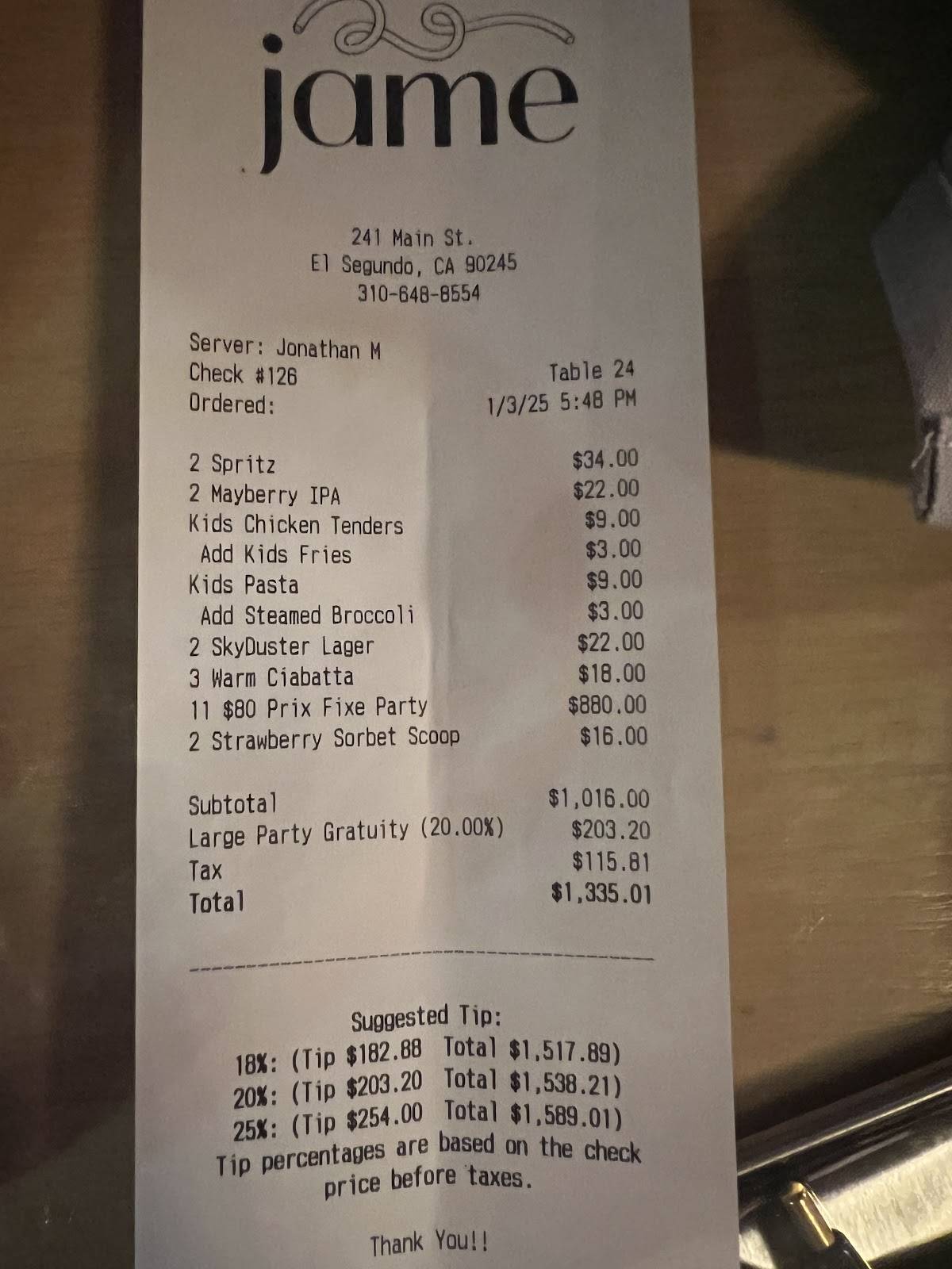 Menu at Jame Enoteca restaurant, El Segundo