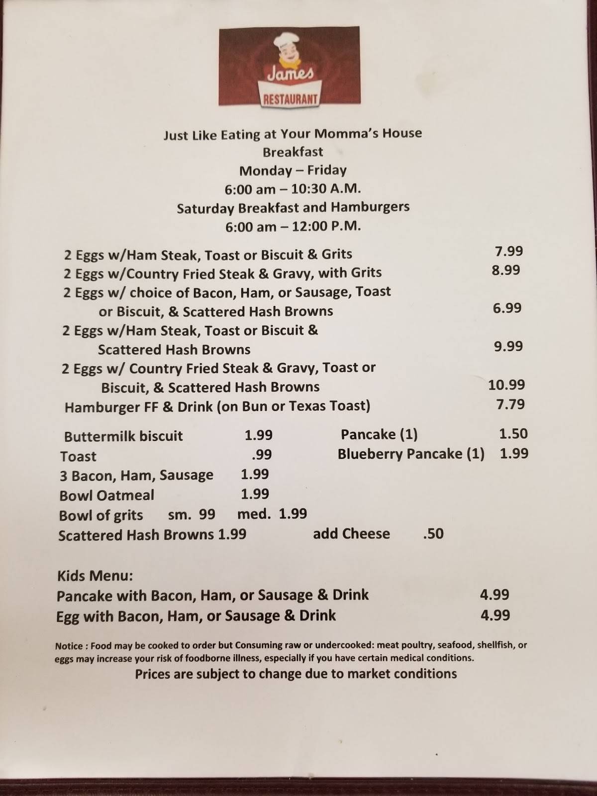 Menu at James Restaurant, Denham Springs