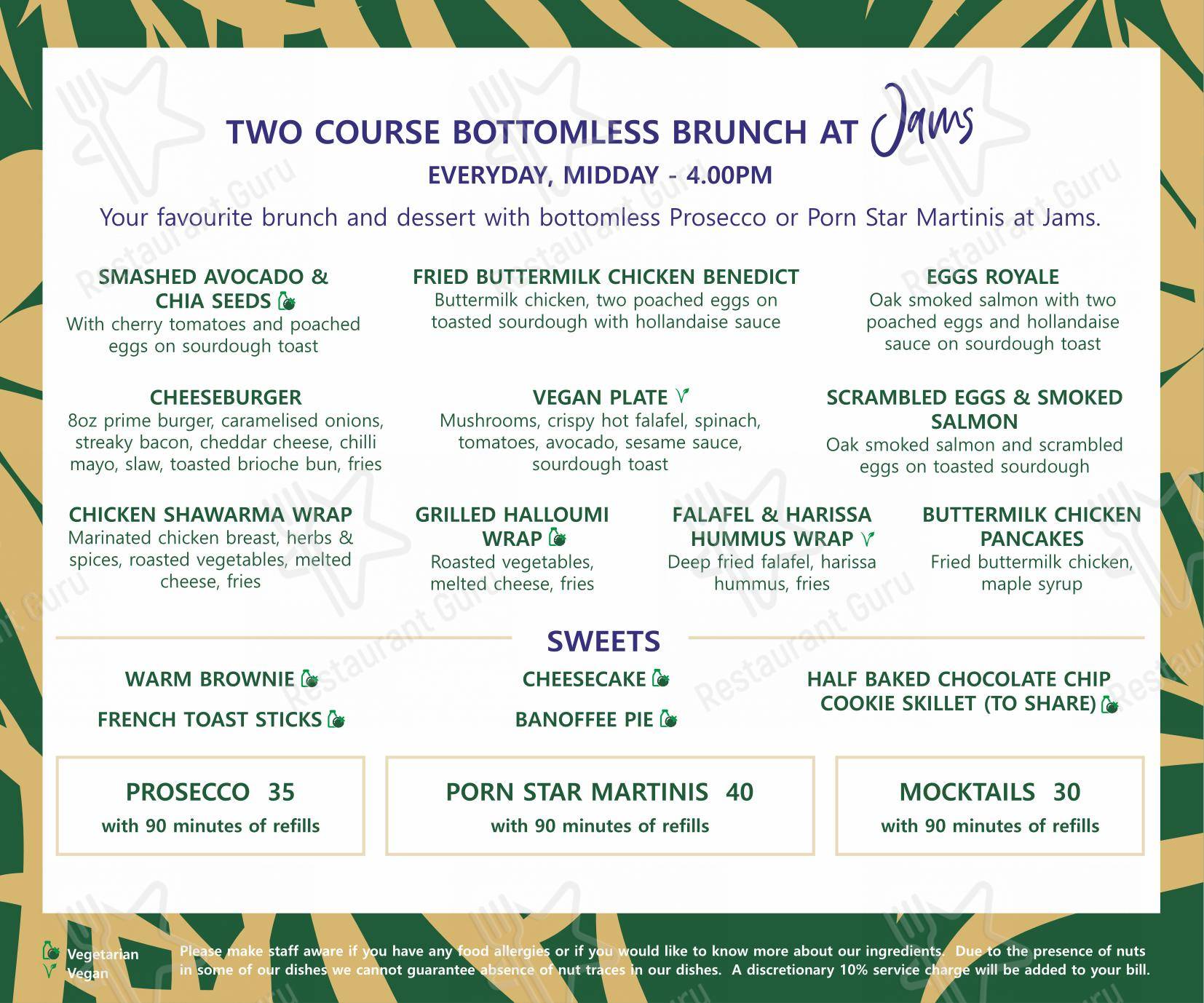 Menu at Jams on the Hill restaurant, Beckenham