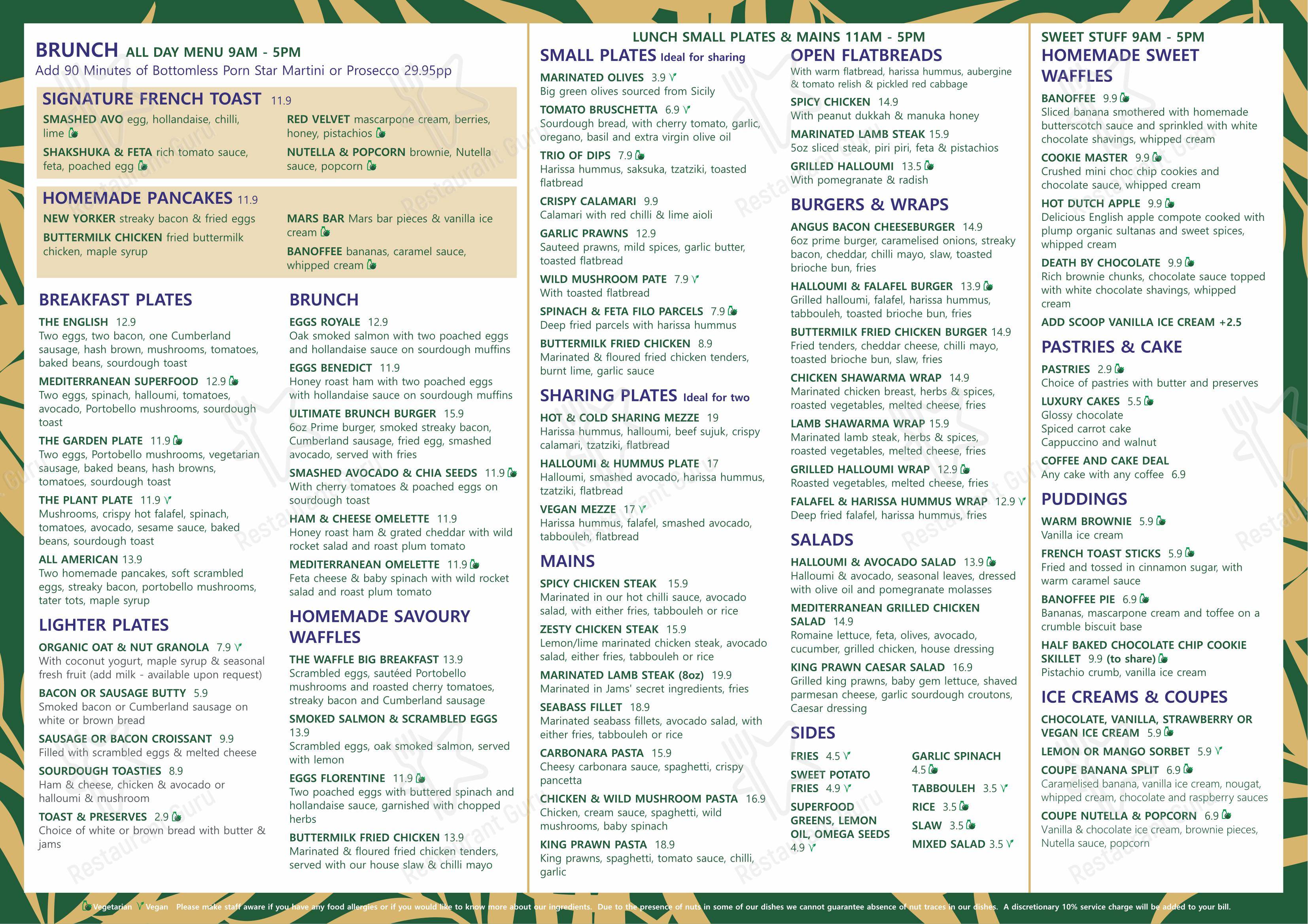 Menu at Jams on the Hill restaurant, Beckenham