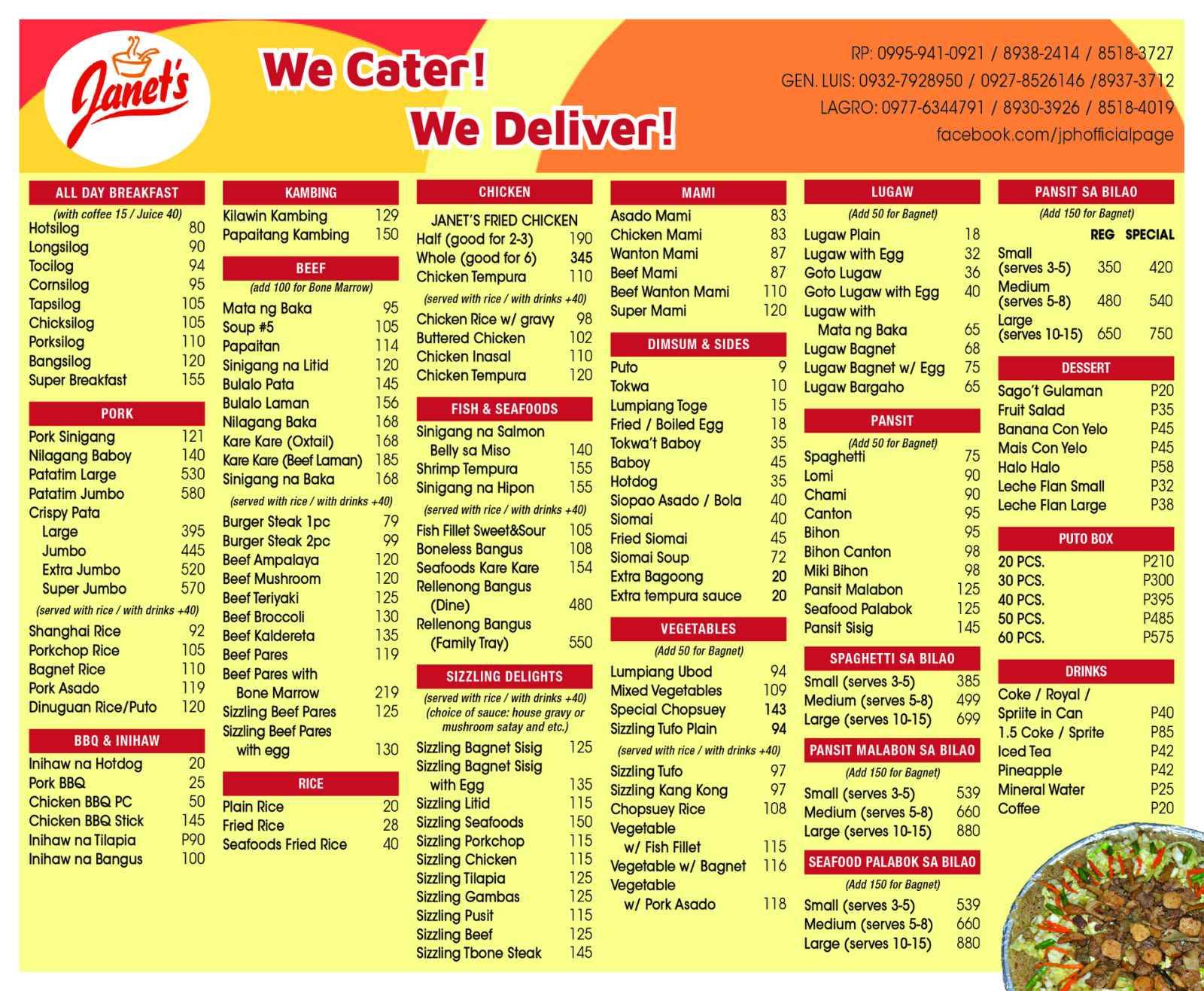 Menu at Janet’s Pares House (Main Branch) restaurant, Quezon City, P2CQ+P4M