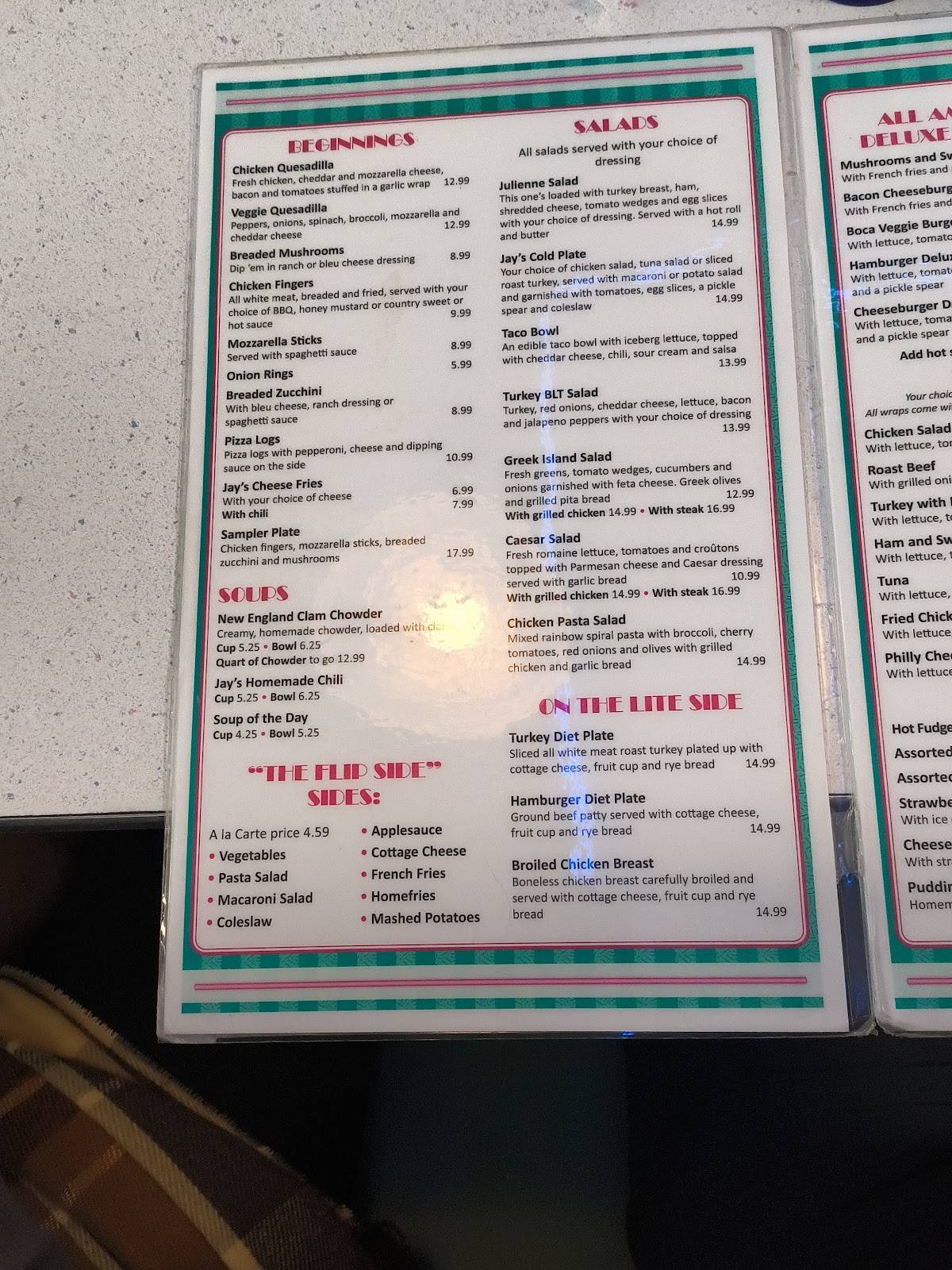 Menu at Jay's Diner restaurant, Rochester