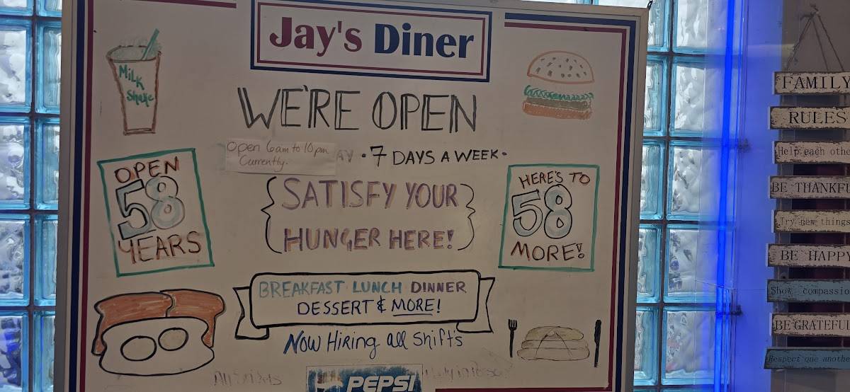 Menu at Jay's Diner restaurant, Rochester