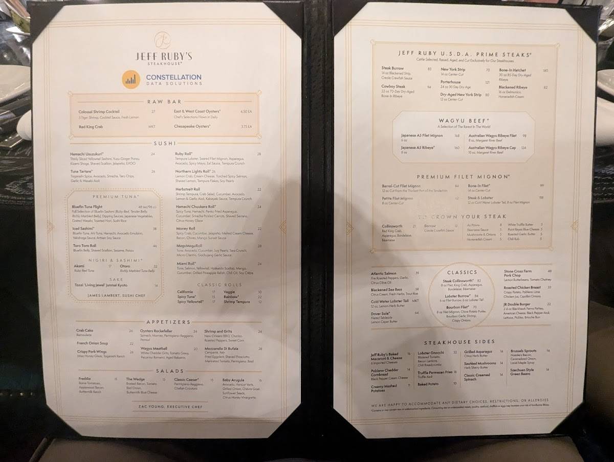 Menu at Jeff Ruby's Steakhouse, Louisville, Louisville
