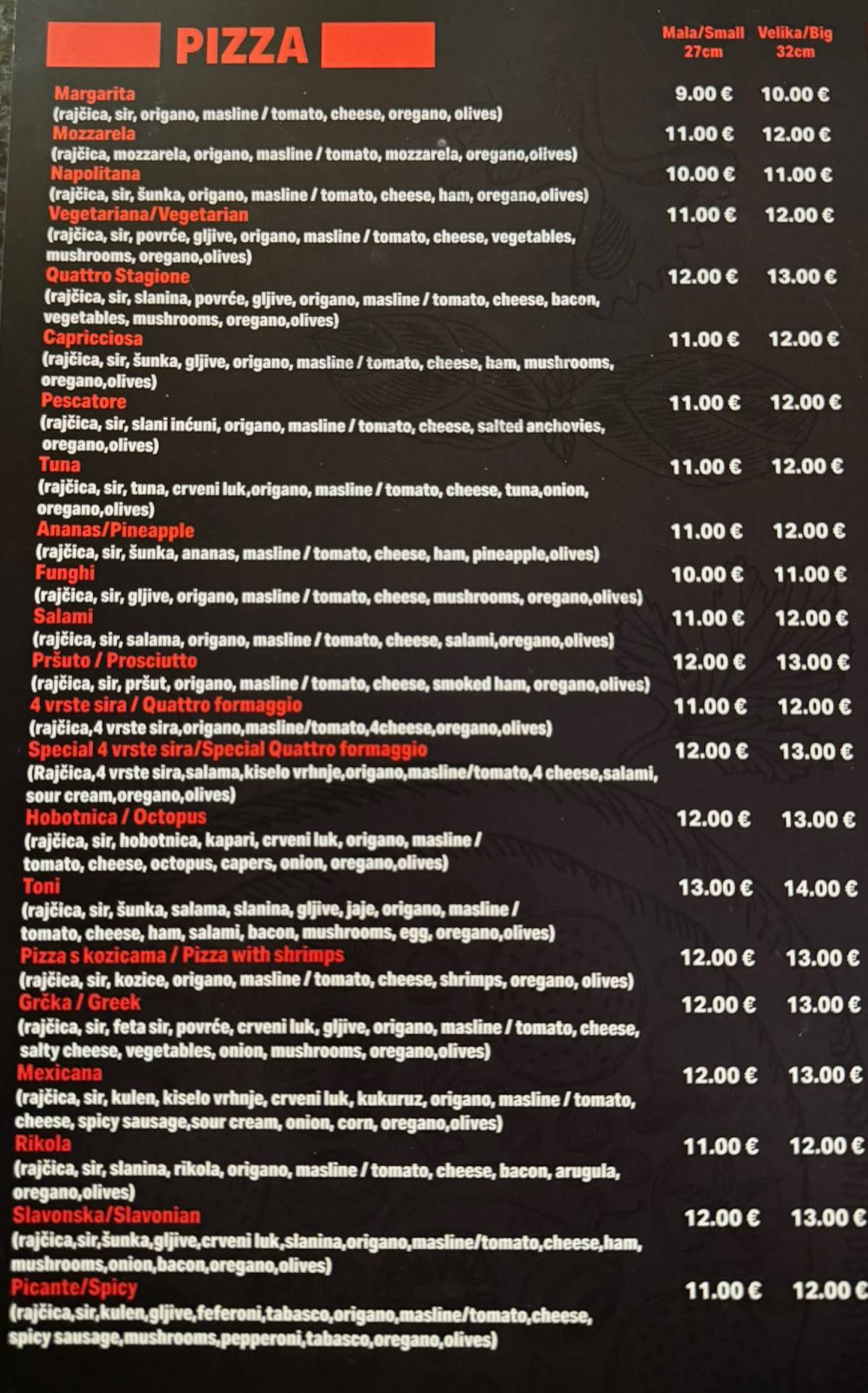 Menu at Pizzeria Toni, Jelsa