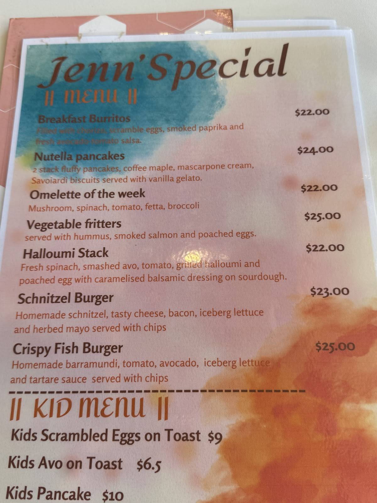 Menu at Jenn and the barista, Drummoyne