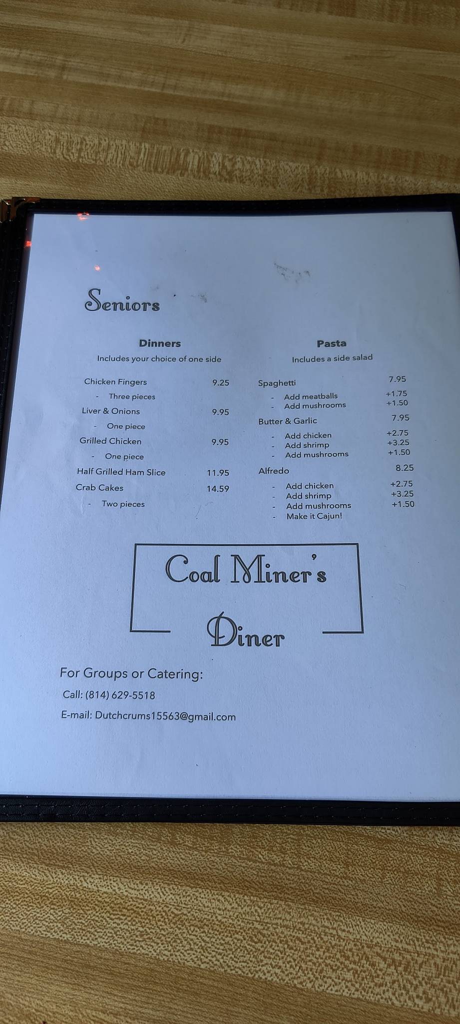 Menu at Coal Miner's Diner restaurant, Jennerstown