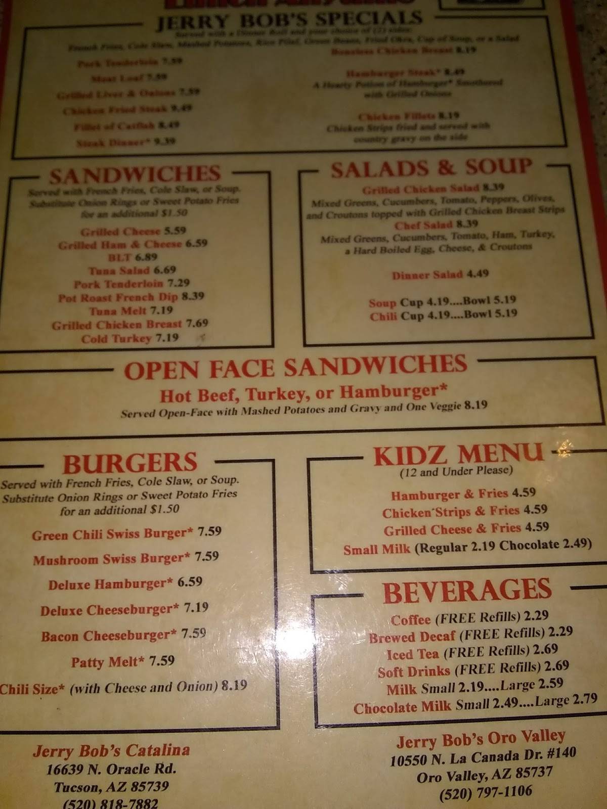 Menu at Jerry Bob's Catalina restaurant, Catalina, N Oracle Rd