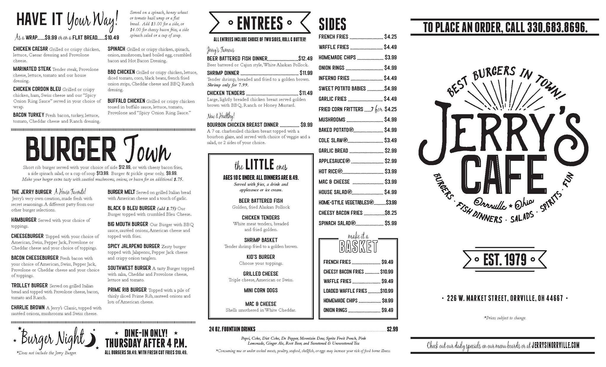 Menu at Jerry's Cafe, Orrville