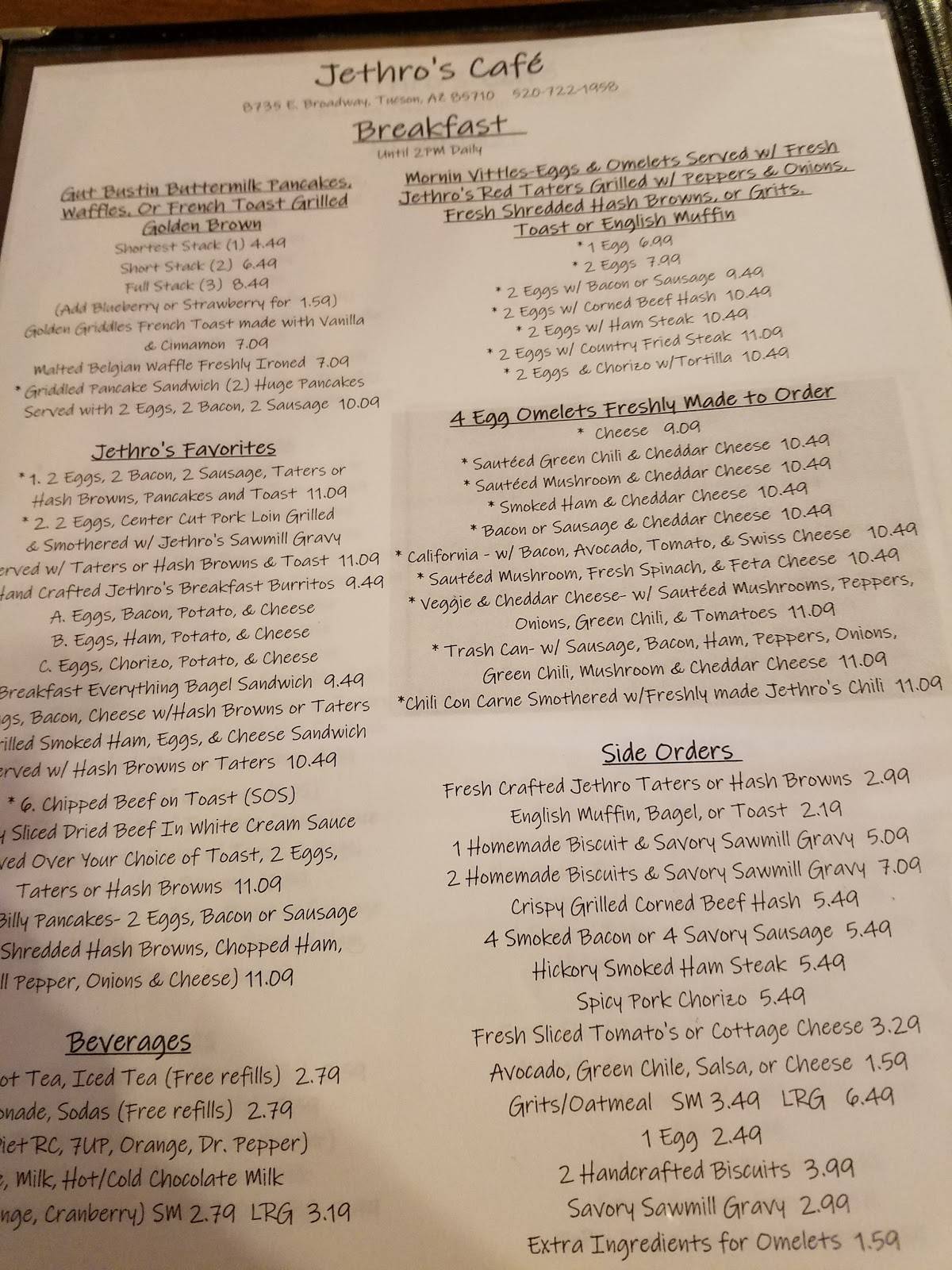 Menu at Jethro's Cafe and Tavern, Tucson, E Broadway Blvd