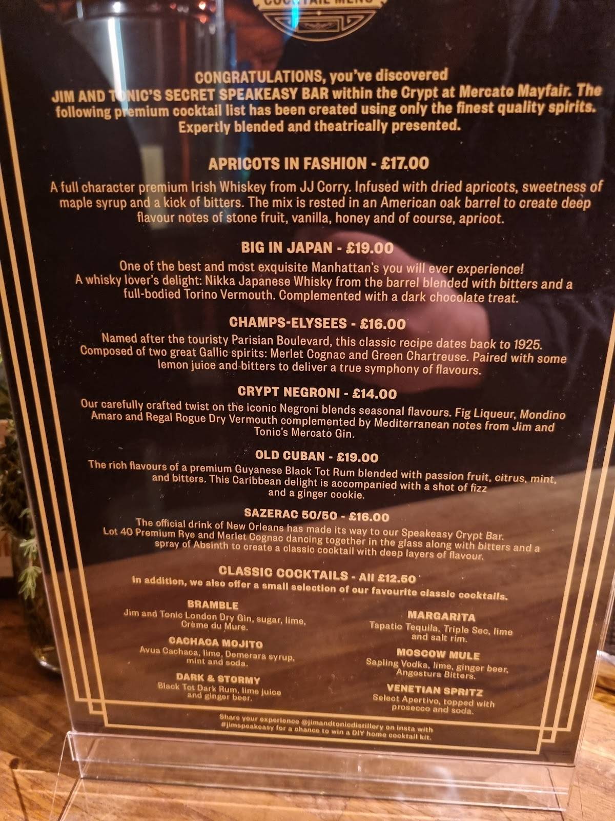 Carta del pub y bar Jim & Tonic (Mercato Mayfair), Londres