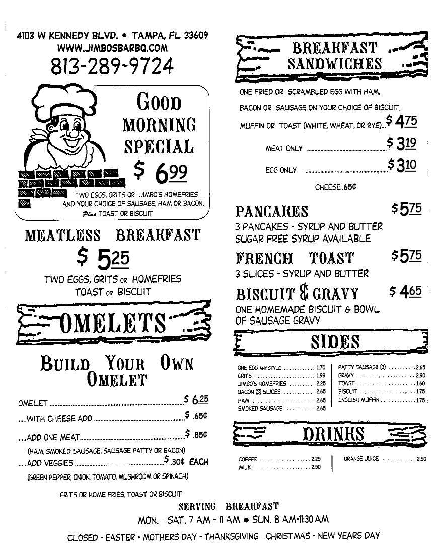 Menu at Jimbo's Pit Bar B-Q, Tampa